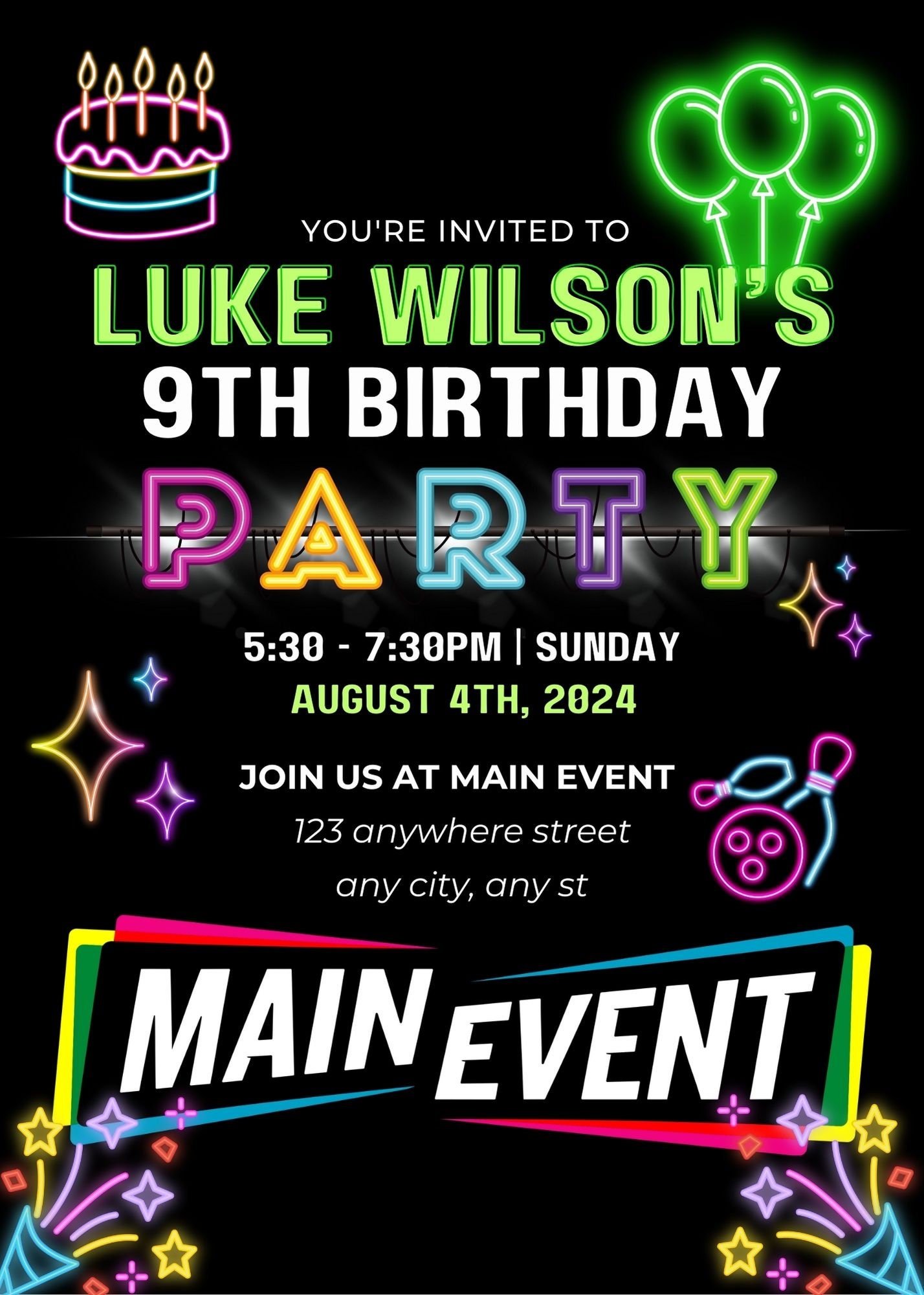 Neon Main Event Birthday Party Invitation, Main Event Party, Bowling ...