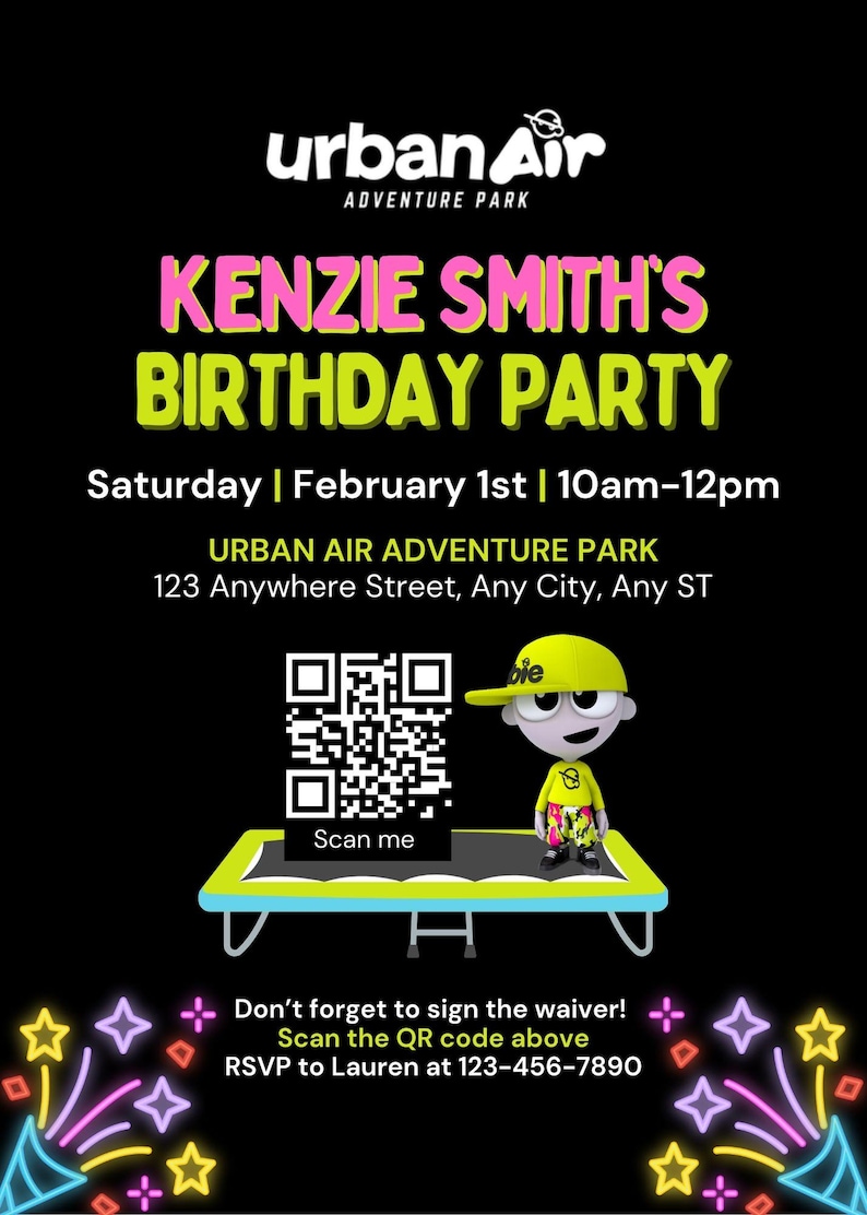 Urban Air With CUSTOM QR CODE, Neon, Jump Party, Air Party, Kid Party ...