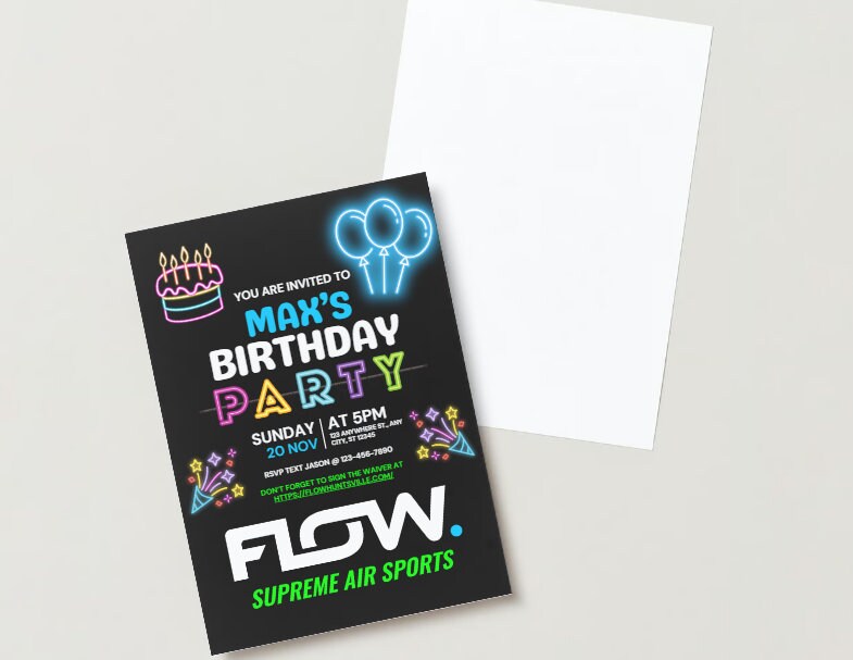 Neon Birthday Party Invitation, Flow Party, Tramploline, Kid Party ...