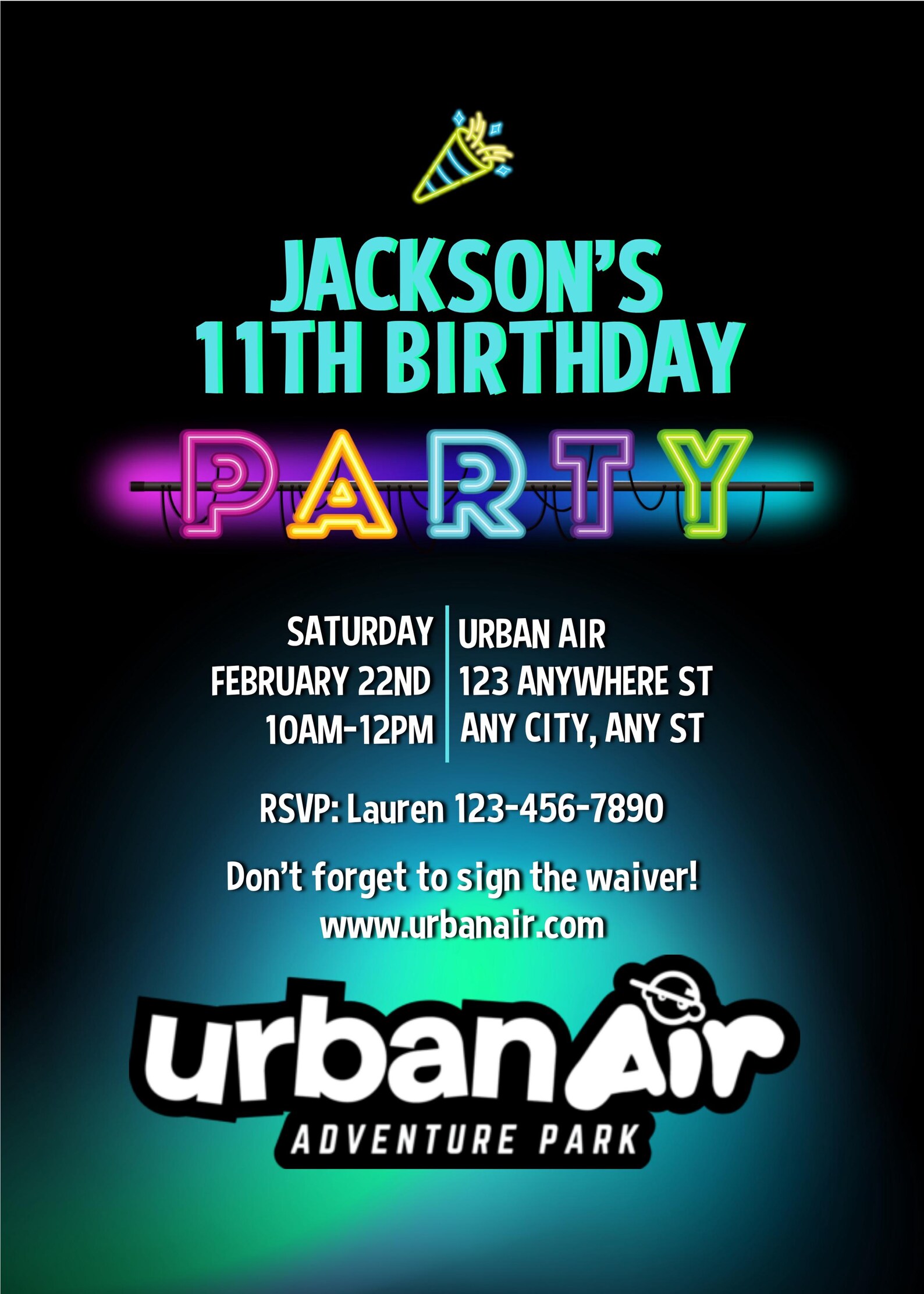 Editable Blue or Pink Neon Urban Air, Jump Party, Air Party, Kid Party ...
