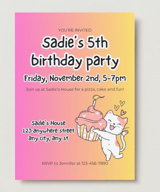 Cute Kitty Party Invite, Birthday Invitation, Cat, Girls Birthday Party ...