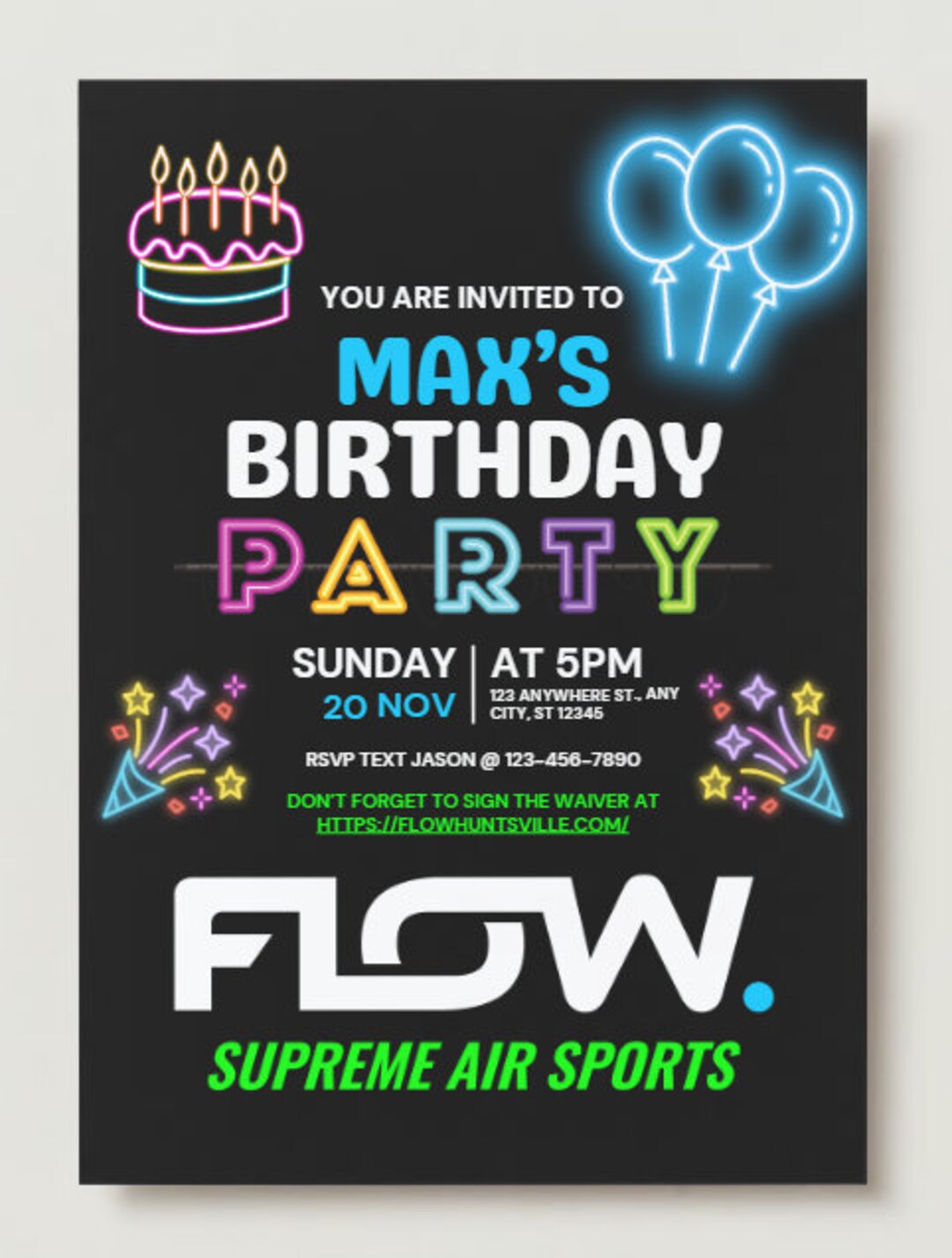 Neon Birthday Party Invitation, Flow Party, Tramploline, Kid Party ...