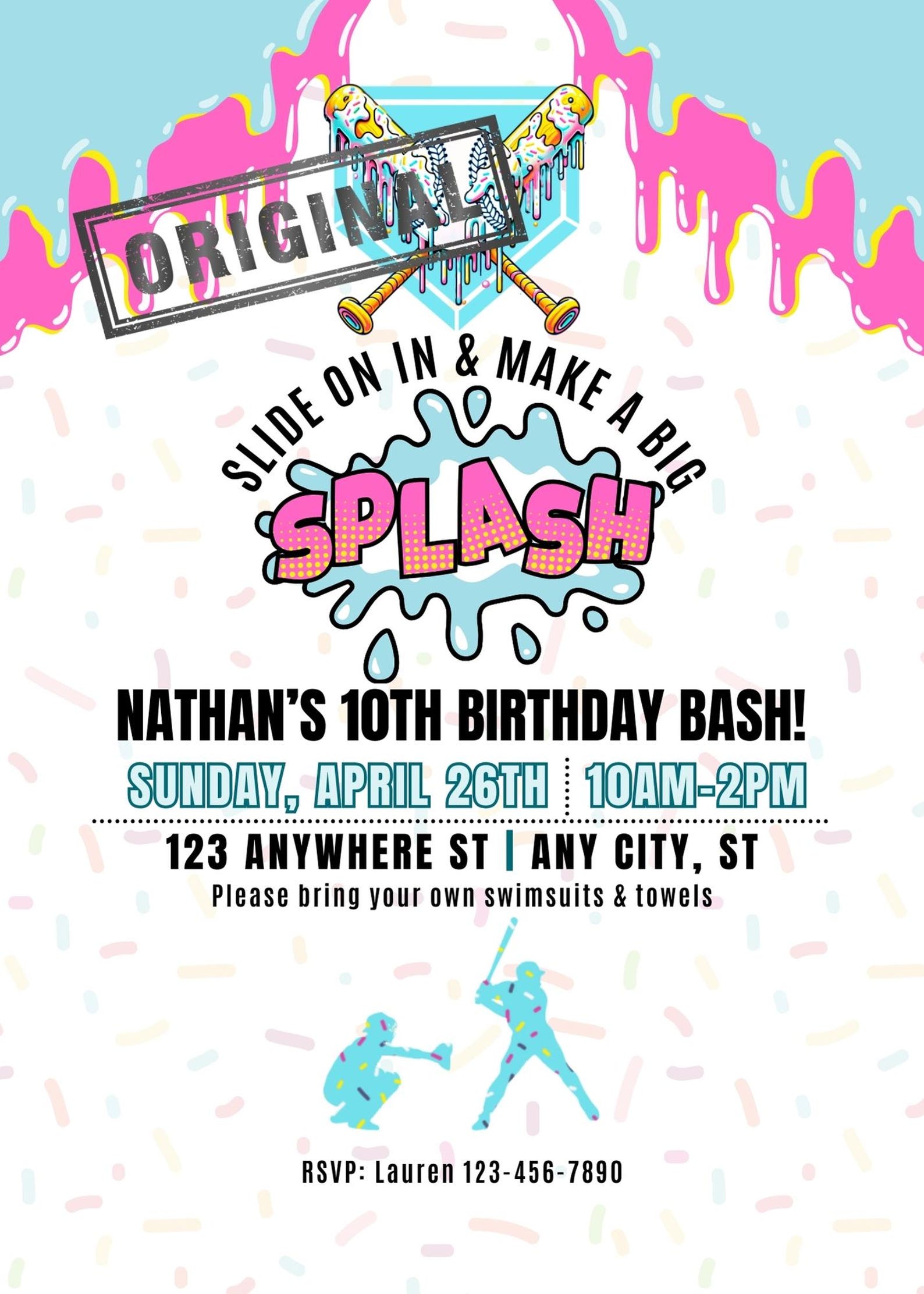 Baseball Drip Party Invitation, Ice Cream Drip, Swimming, Water ...