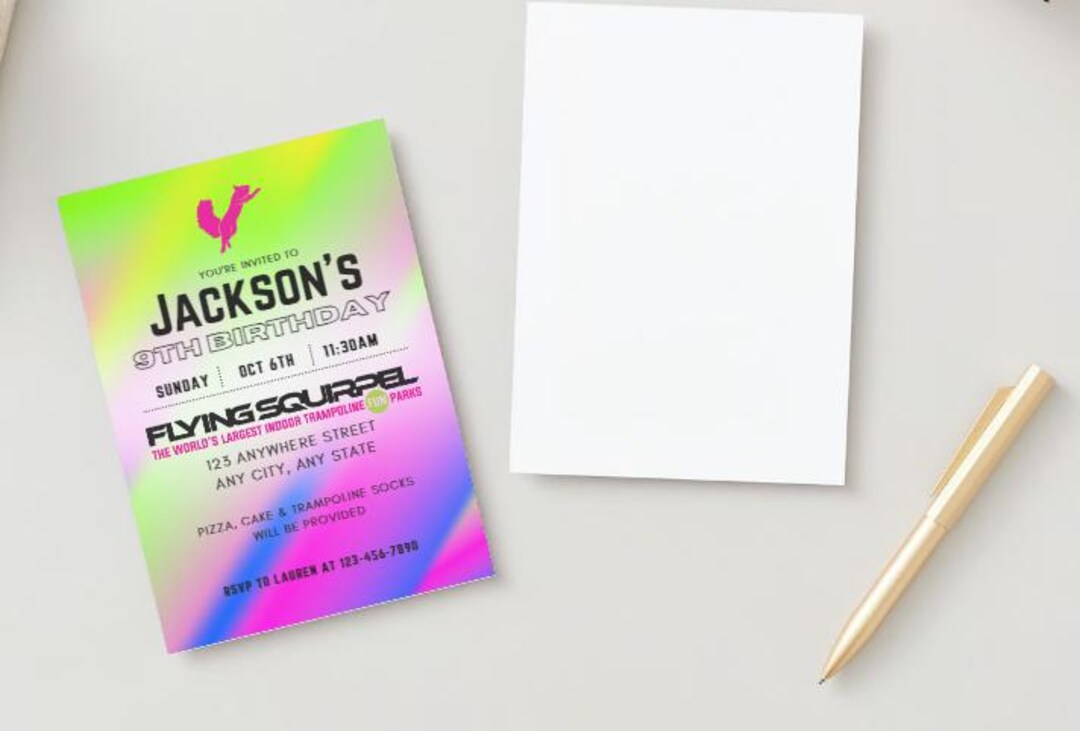 Flying Squirrel Birthday Party Invitation, Trampoline Park, Neon ...