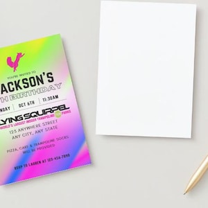 Flying Squirrel Birthday Party Invitation, Trampoline Park, Neon ...