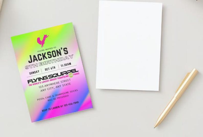 Flying Squirrel Birthday Party Invitation, Trampoline Park, Neon ...