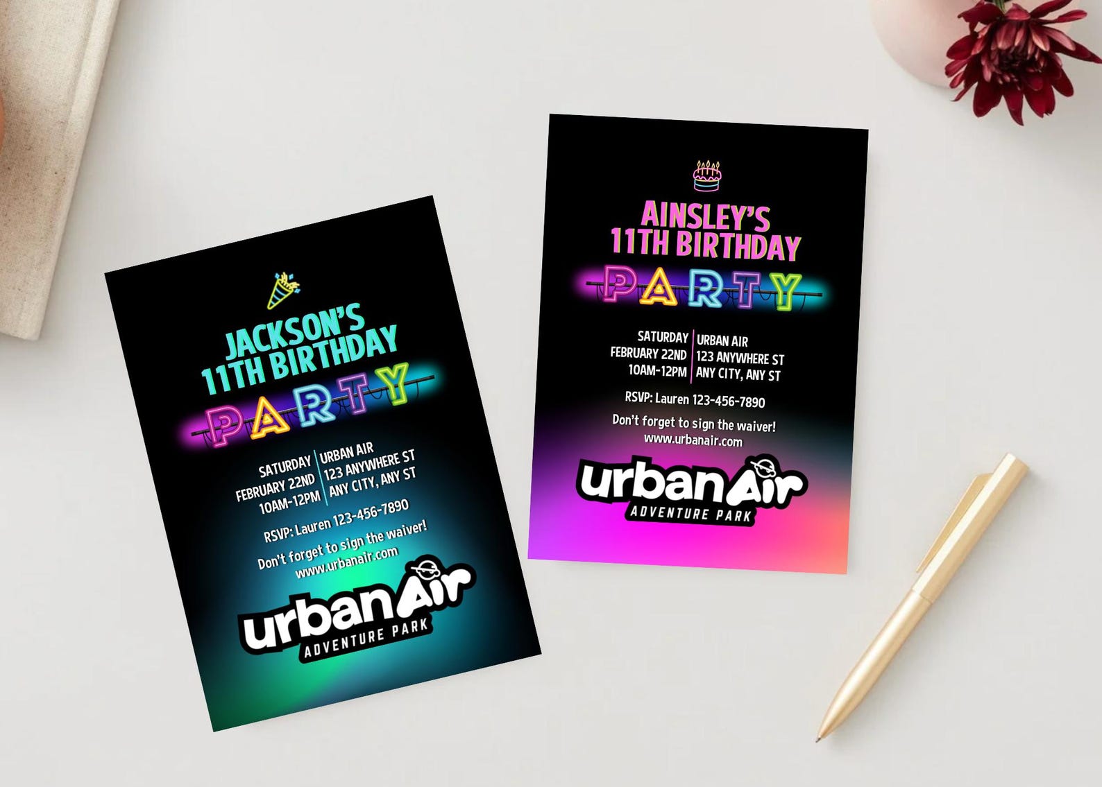 Editable Blue or Pink Neon Urban Air, Jump Party, Air Party, Kid Party ...