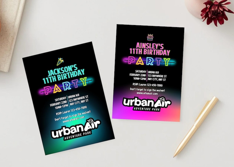 Editable Blue or Pink Neon Urban Air, Jump Party, Air Party, Kid Party ...