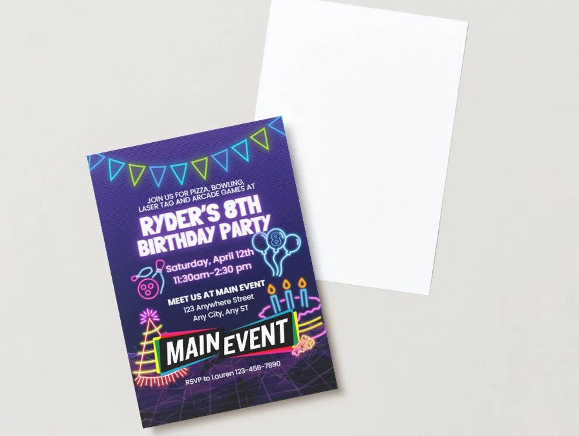 Main Event Birthday Party Invitation, Neon Party, Bowling Party, Arcade ...