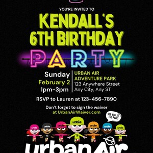 Urban Air, Neon, Jump Party, Air Party, Kid Party, Birthday Invitation ...