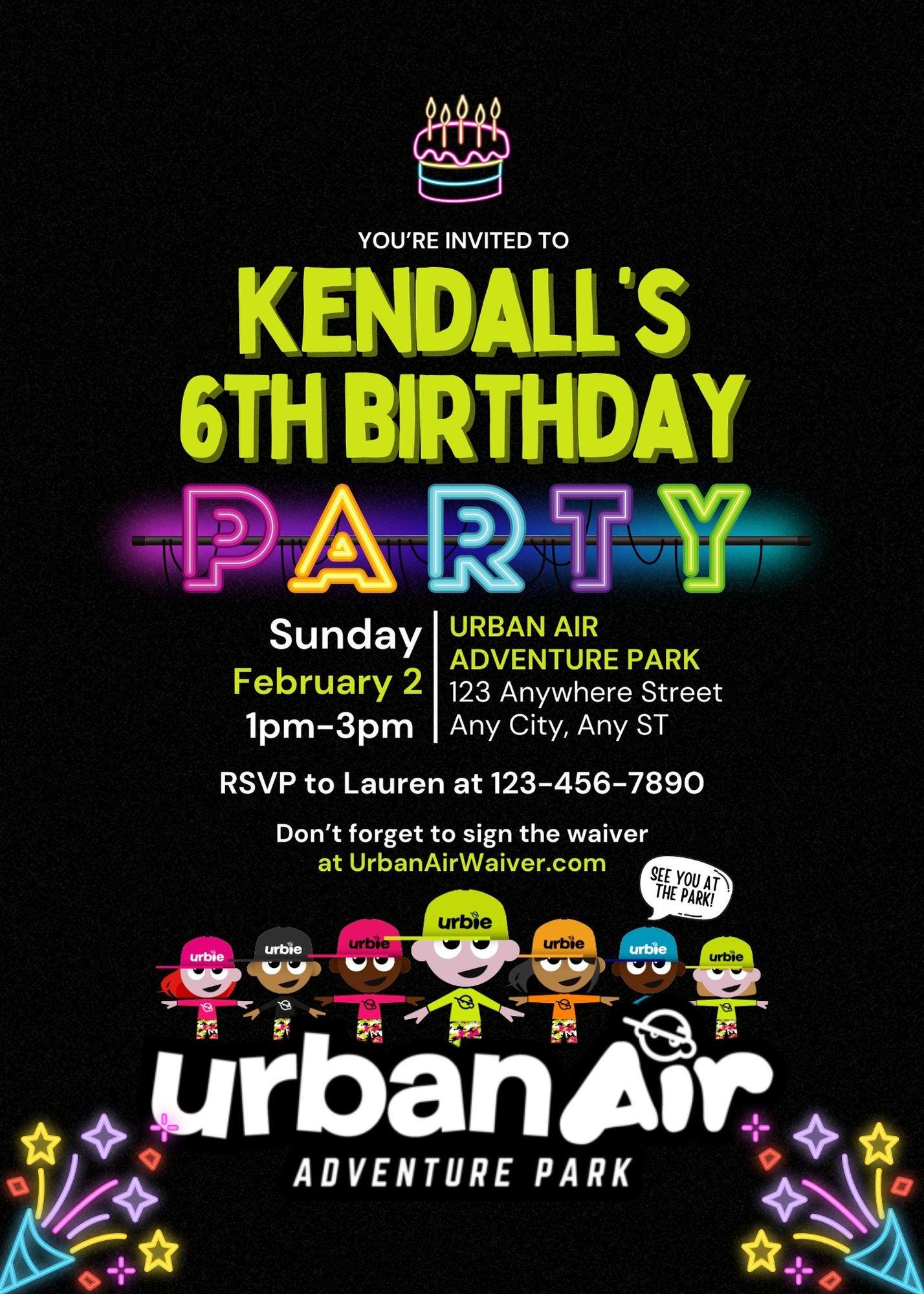 Urban Air, Neon, Jump Party, Air Party, Kid Party, Birthday Invitation ...