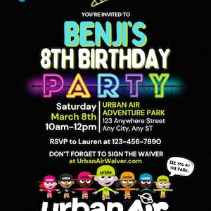 Neon Birthday Party Invitation, Urban Air Party, Jump Party, Air Party ...