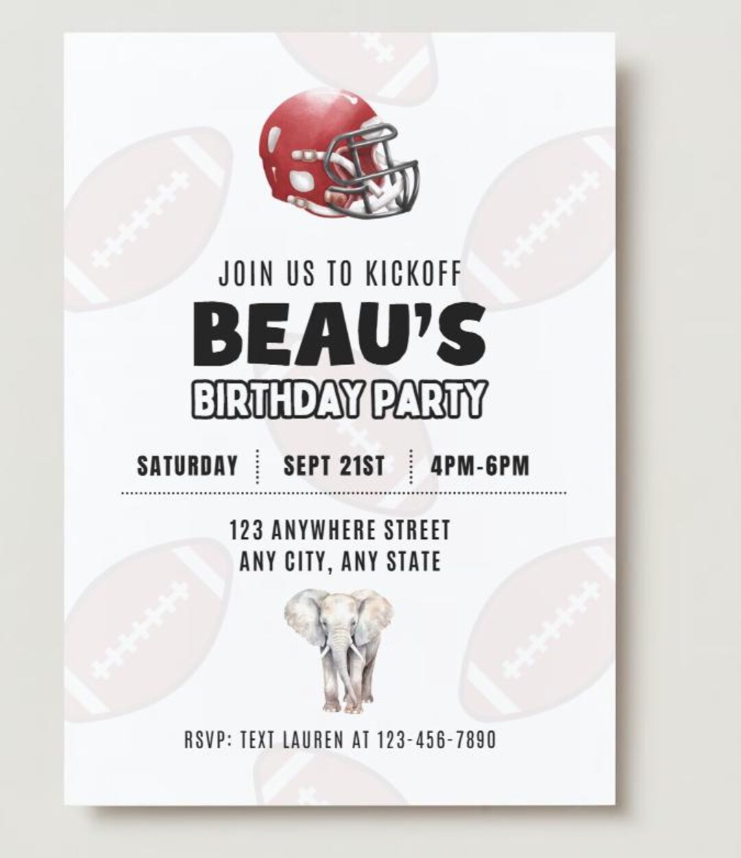 Alabama Football Party Invitation, Elephant, Roll Tide, Birthday ...
