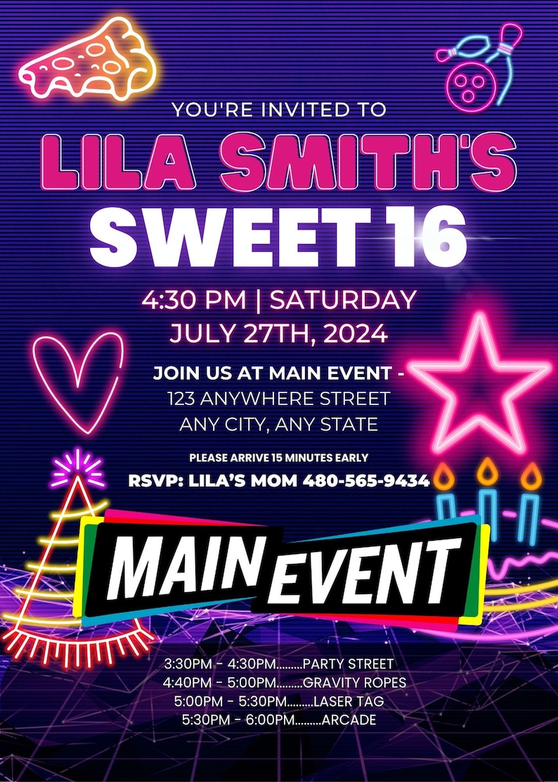 Main Event Birthday Party Invitation, Pink, Arcade, Bowling, Neon - Etsy