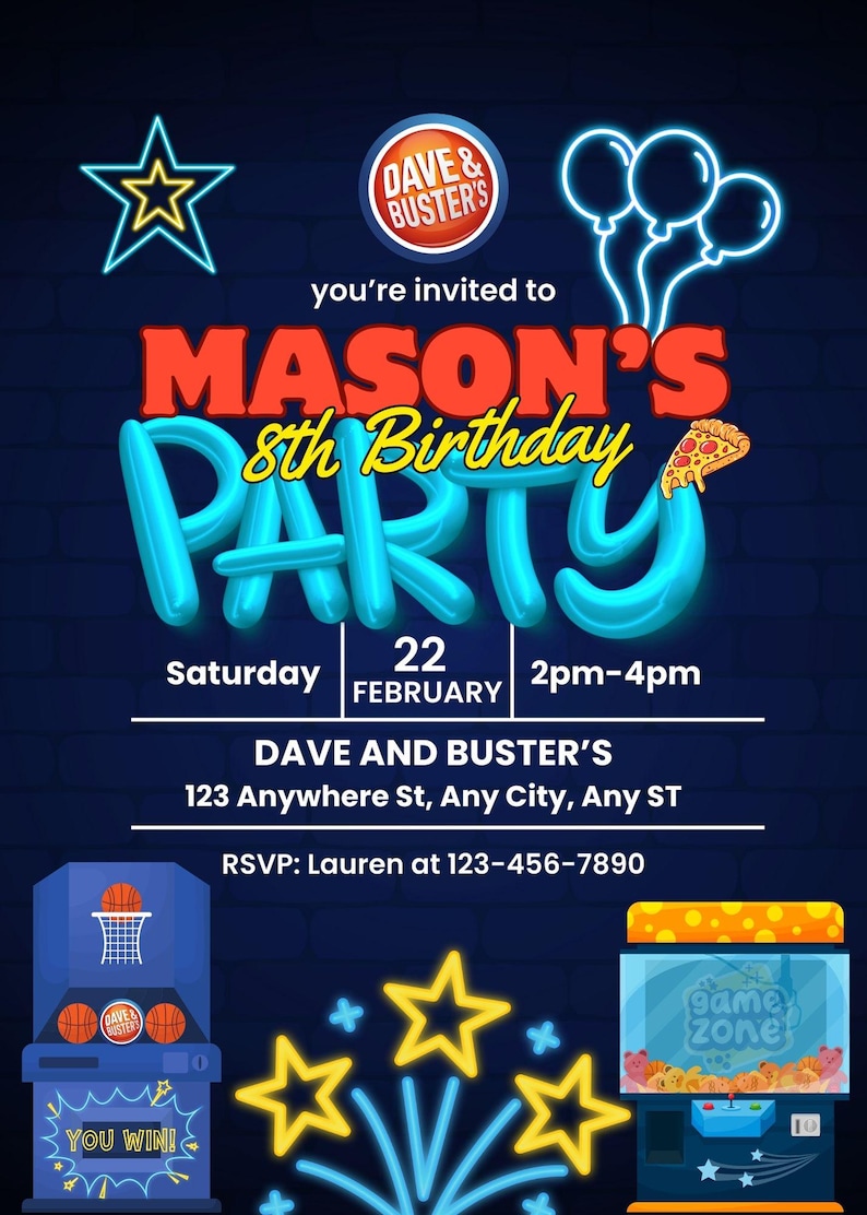 EDITABLE Template Neon Birthday Party Invitation, Dave and Busters ...
