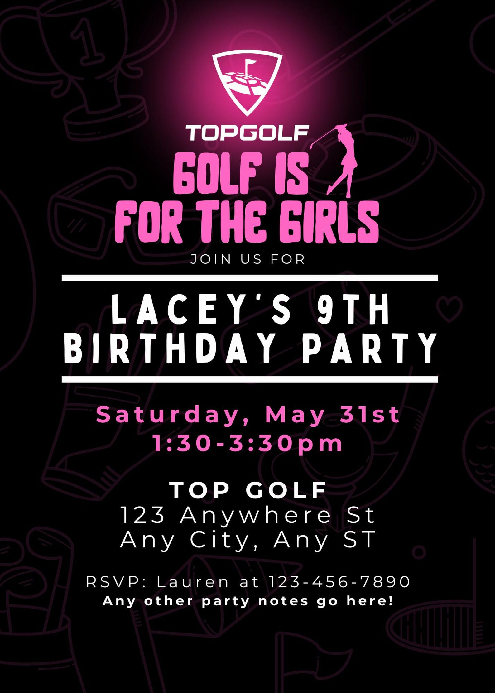 Top Golf PINK, Birthday Party, Girls, Golf, Birthday Invite, Birthday ...
