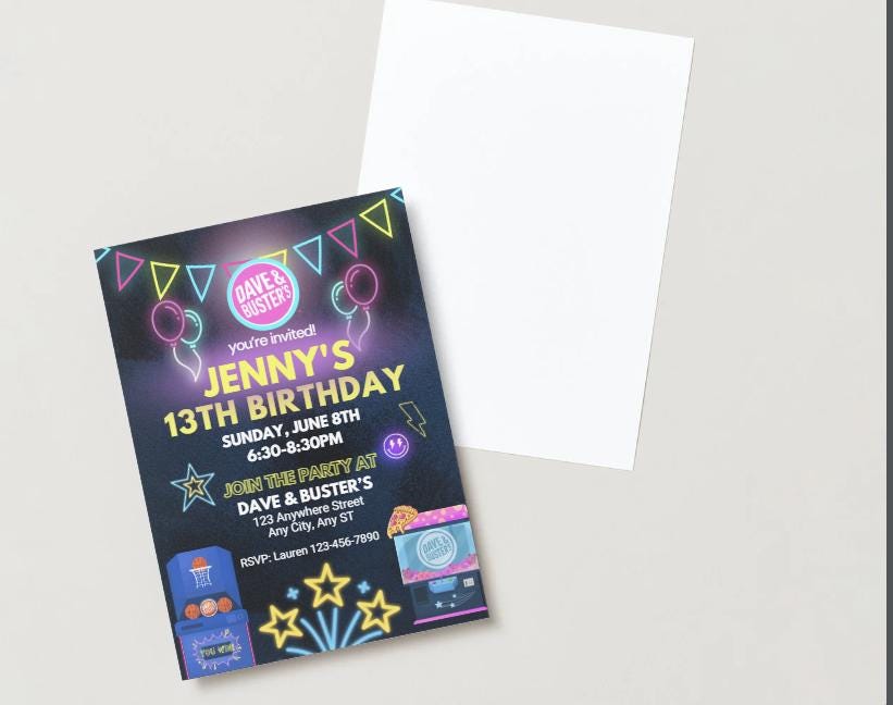 Dave and Busters Party, Neon Birthday Invitation Fun Party, Arcade ...