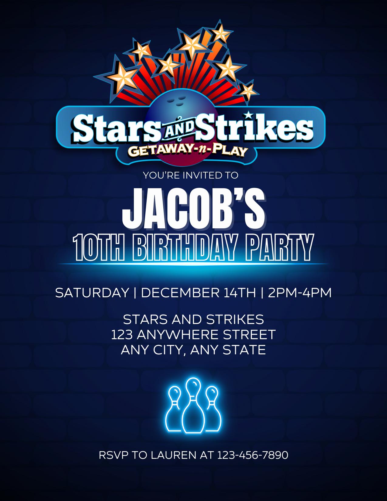 Stars and Strikes Birthday Party Invitation, Bowling Party, Arcade ...