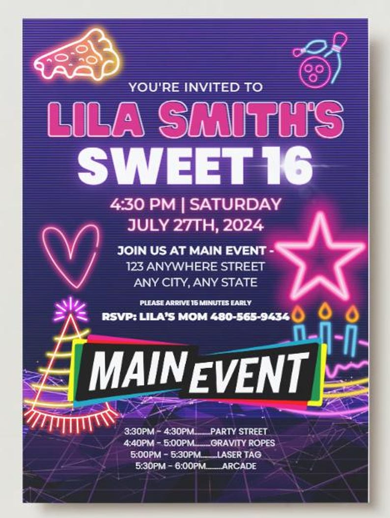 Main Event Birthday Party Invitation, Pink, Arcade, Bowling, Neon - Etsy