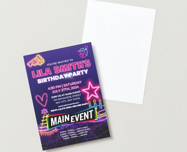 Main Event Birthday Party Invitation, Pink, Arcade, Bowling, Neon - Etsy