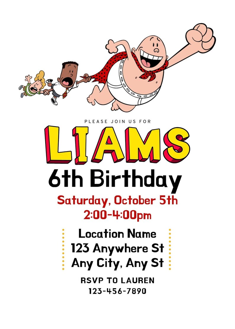 Captain Underpants Birthday Party Invitation, Capt Underpants, Kid ...