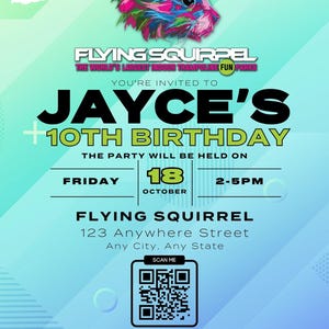 Flying Squirrel With CUSTOM QR CODE Birthday Party Invitation ...