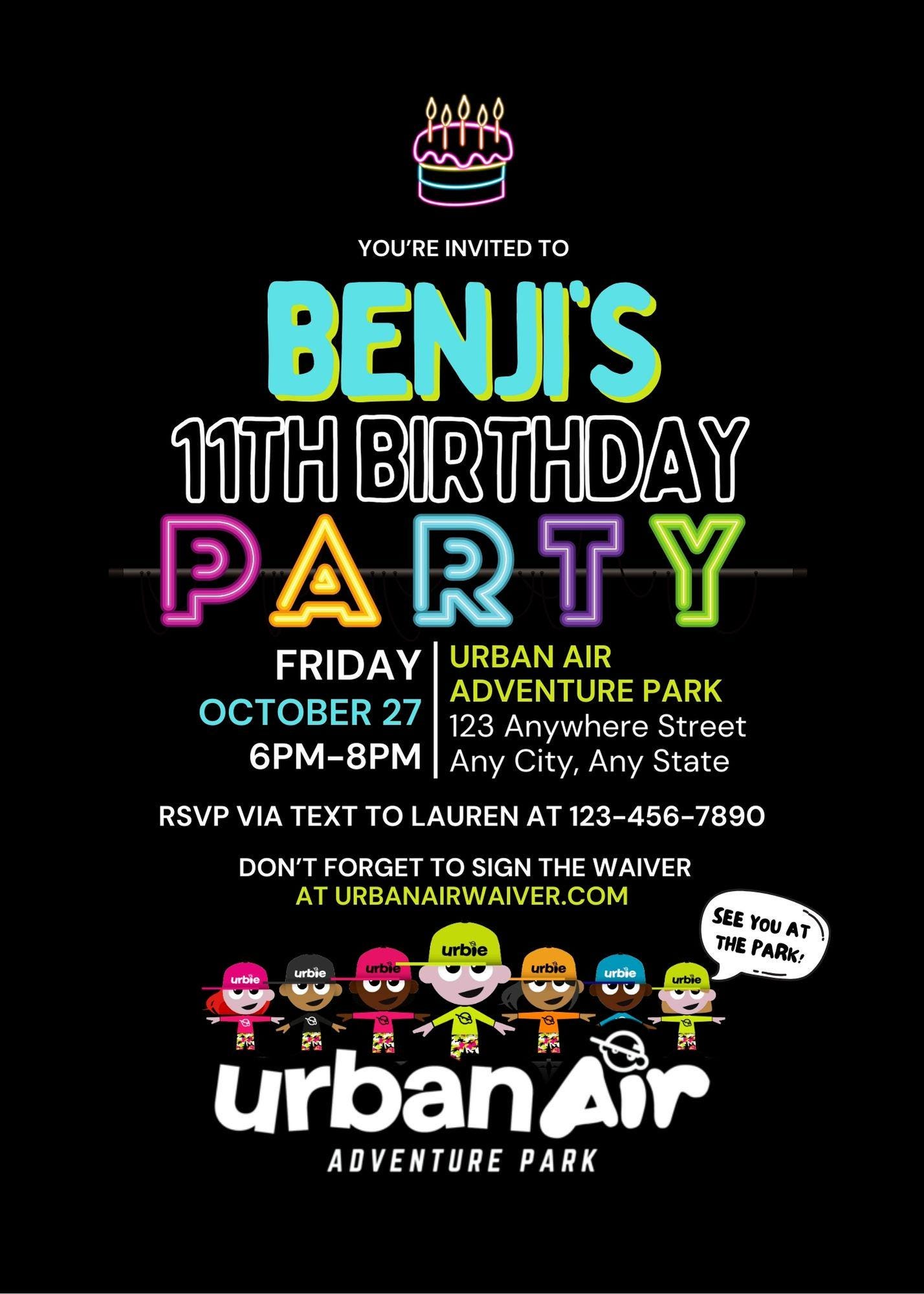 Neon Birthday Party Invitation, Urban Air Party, Jump Party, Air Party ...