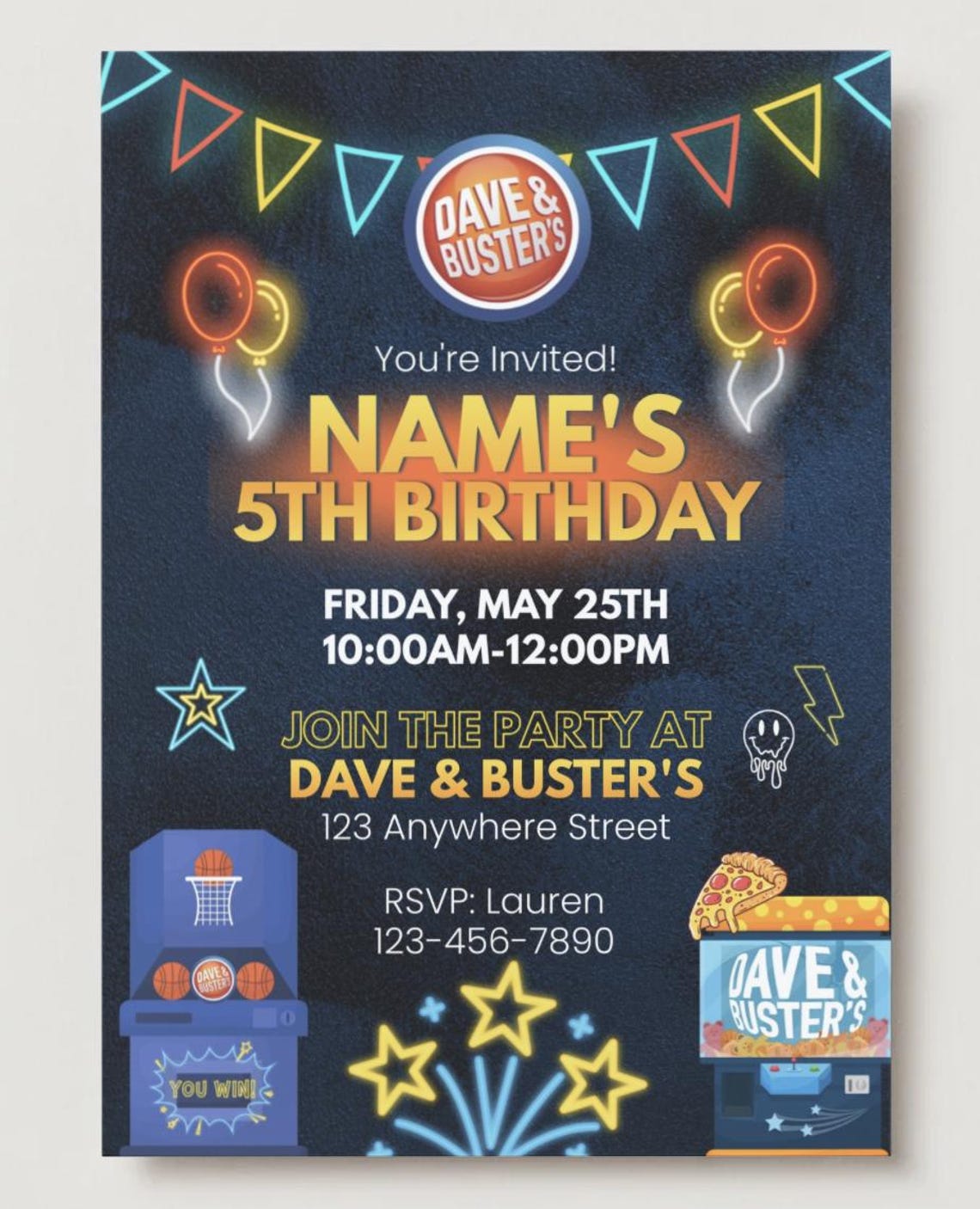 EDITABLE Template Dave and Busters Party, Neon Birthday Invitation Fun ...