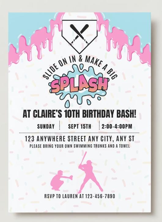 Baseball Drip Party Invitation, Ice Cream Drip, Swimming, Water ...