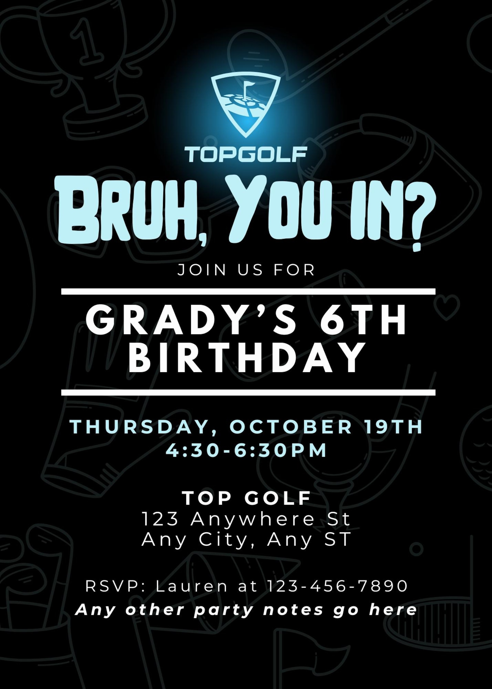 Top Golf MIDNIGHT Birthday Party, Girls, Boys, Golf, Birthday Invite ...