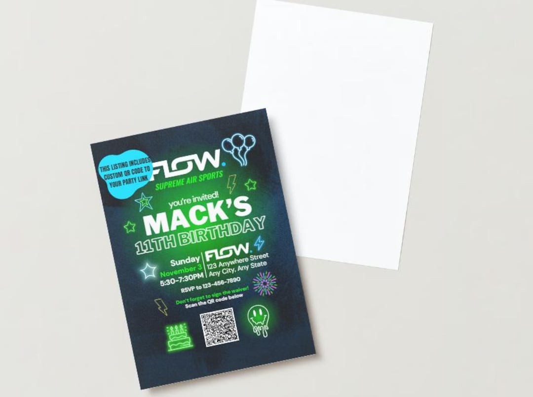 Flow Birthday Party Invitation With Custom QR Code, Trampoline Park ...