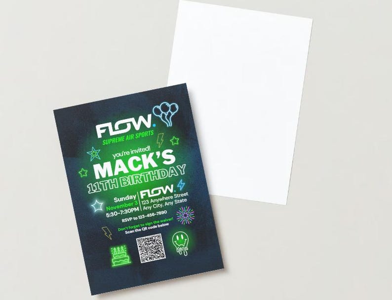 Neon Birthday Party Invitation, Flow Party, Trampoline, Kid Party, Flow ...