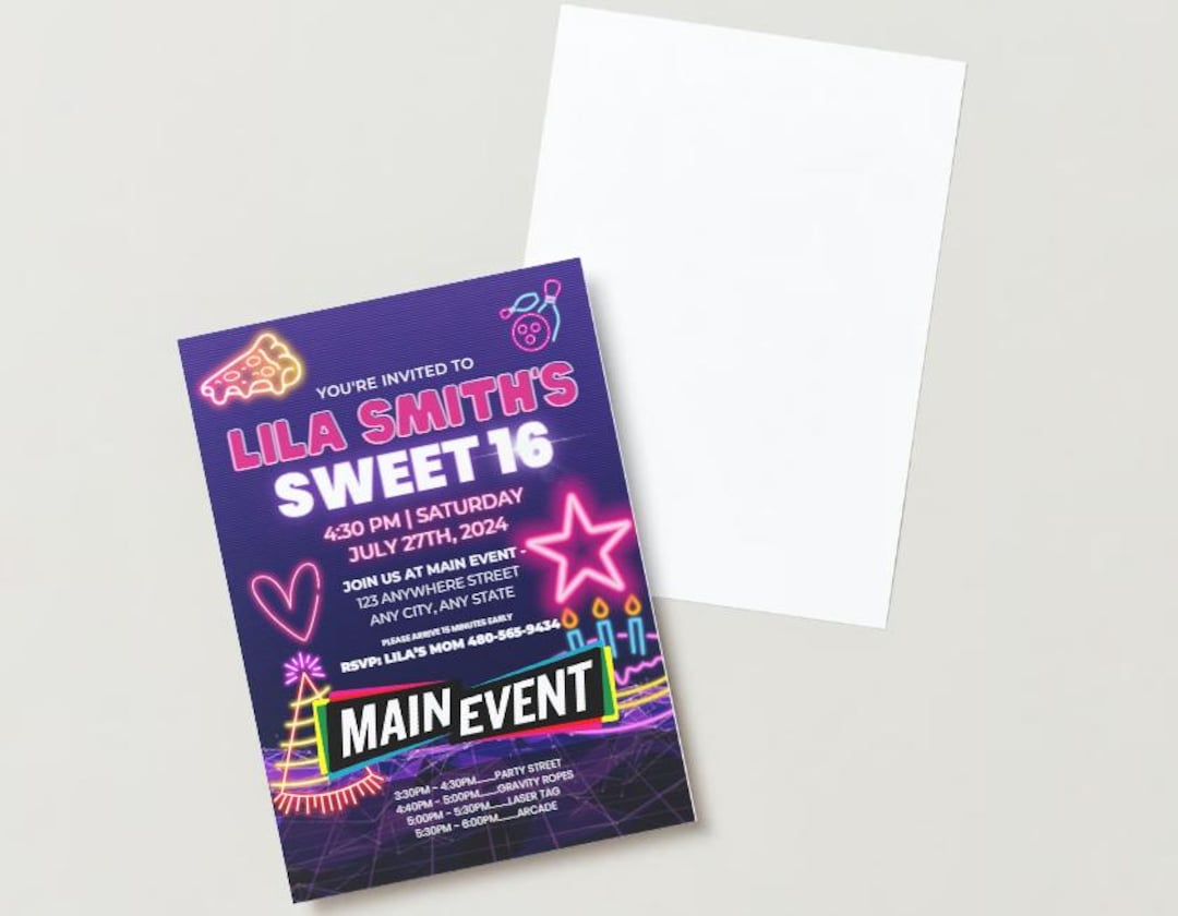 Main Event Birthday Party Invitation, Pink, Arcade, Bowling, Neon - Etsy