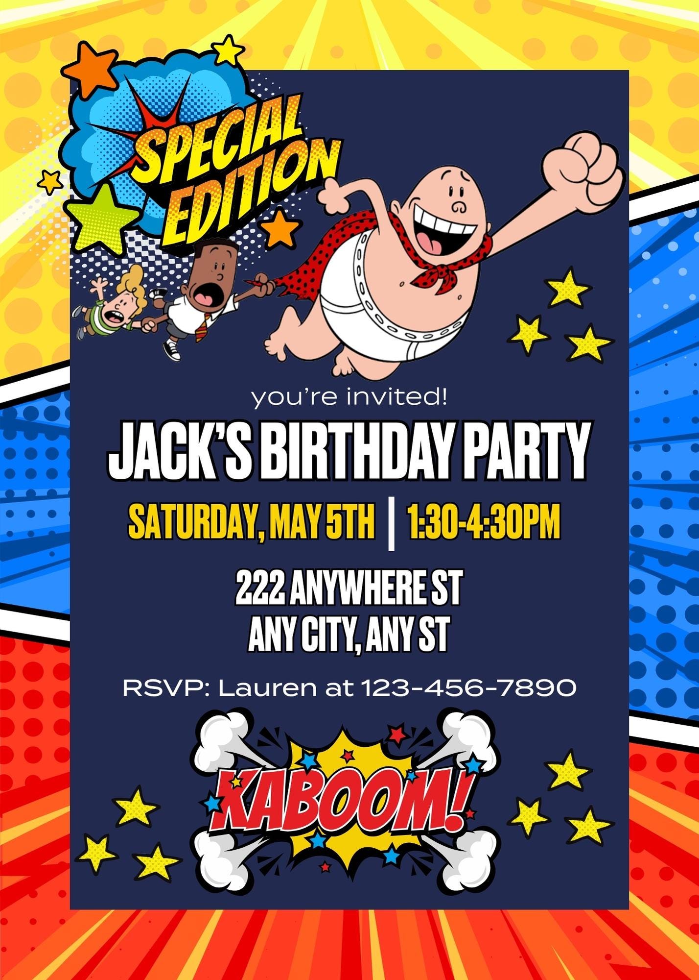 Captain Underpants Birthday Party Invitation, Capt Underpants, Kid ...