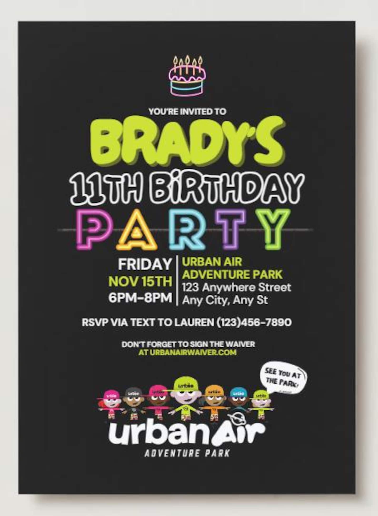 Urban Air, Neon, Jump Party, Air Party, Kid Party, Birthday Invitation ...