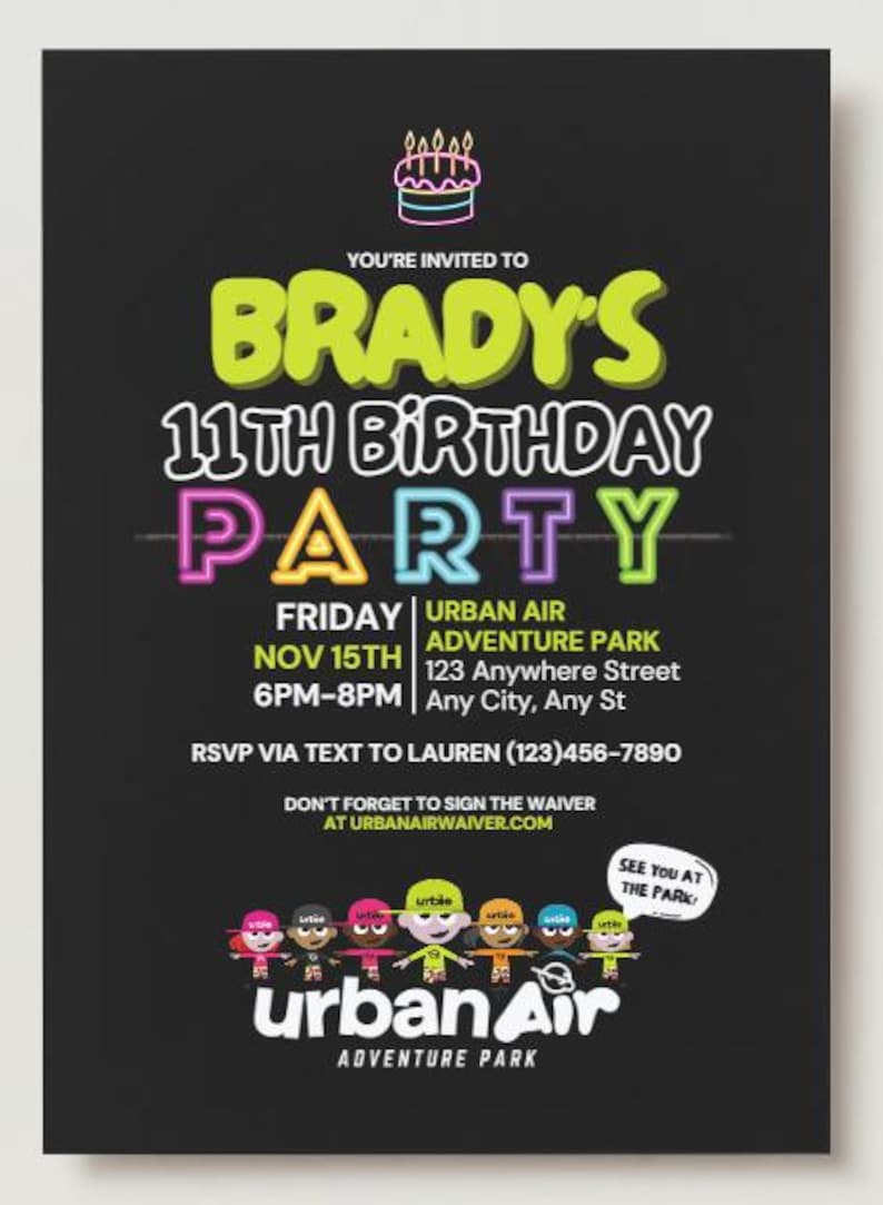 Urban Air, Neon, Jump Party, Air Party, Kid Party, Birthday Invitation ...