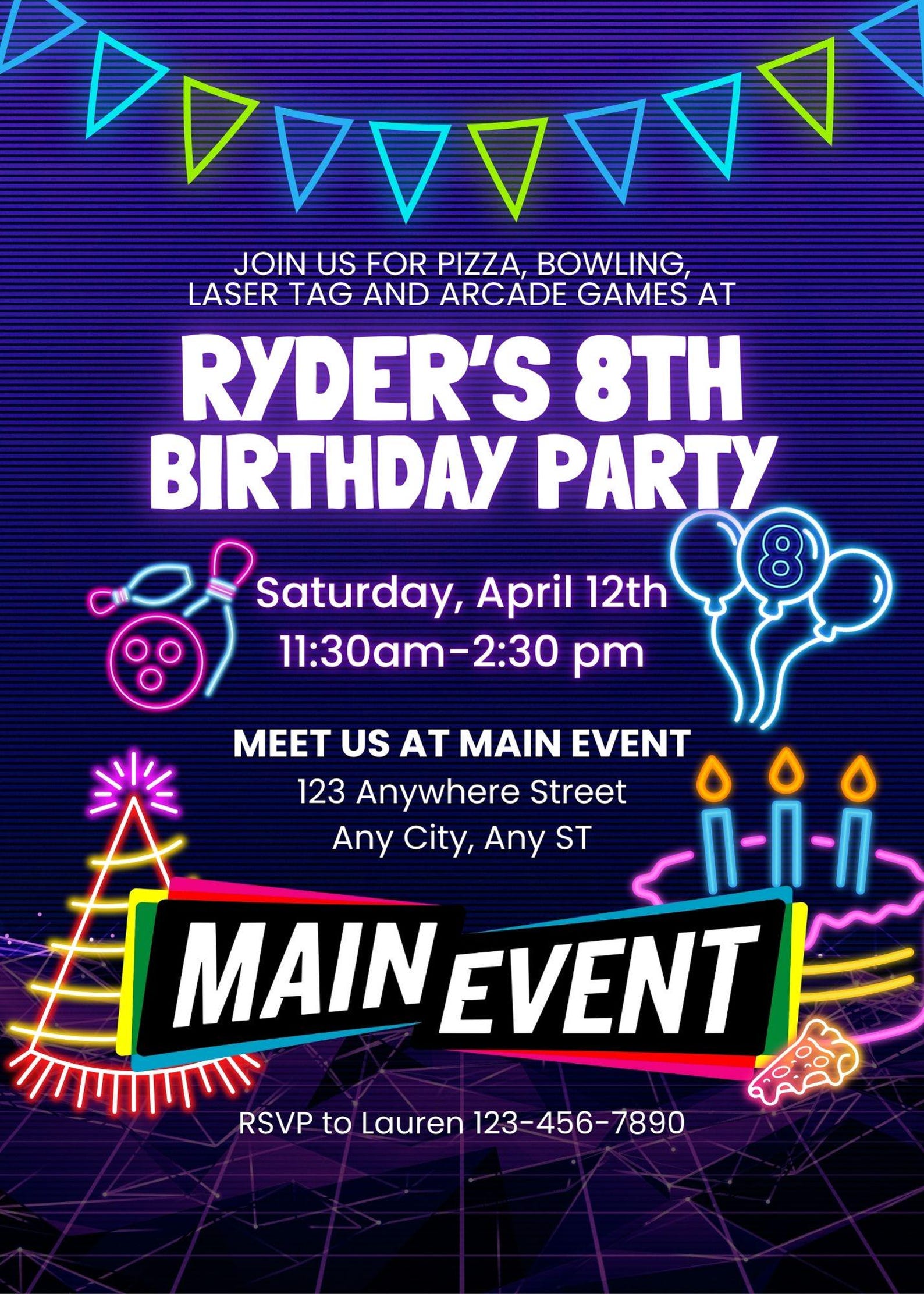 Main Event Birthday Party Invitation, Neon Party, Bowling Party, Arcade Party, Kid Party ...