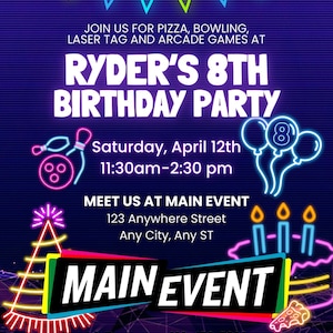 Main Event Birthday Party Invitation, Neon Party, Bowling Party, Arcade ...