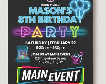 Main Event Birthday Party Invitation, Neon Party, Bowling Party, Arcade ...