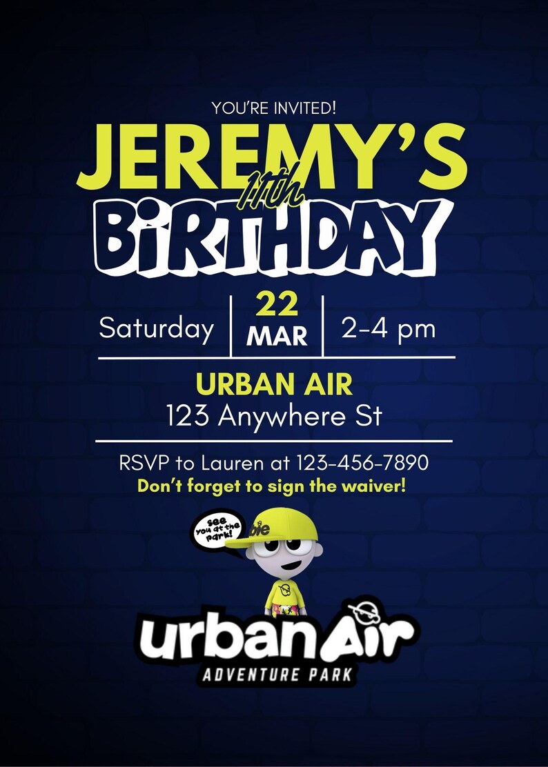 Neon Birthday Party Invitation, Urban Air Party, Jump Party, Air Party ...