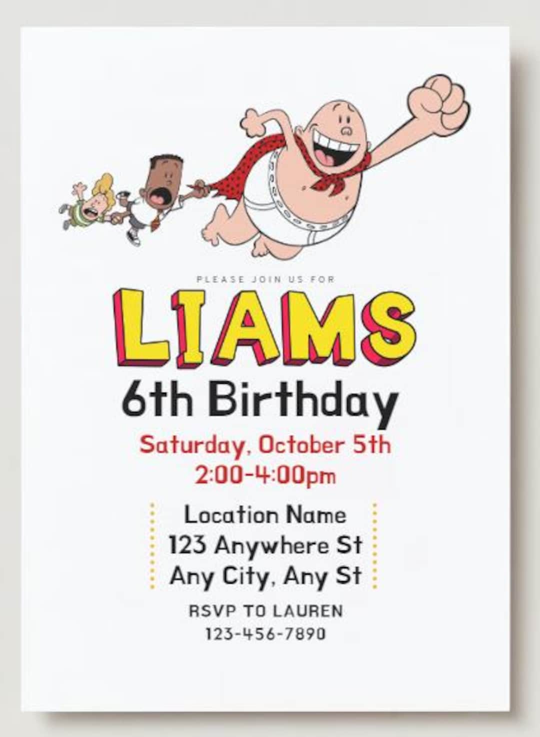 Captain Underpants Birthday Party Invitation, Capt Underpants, Kid ...