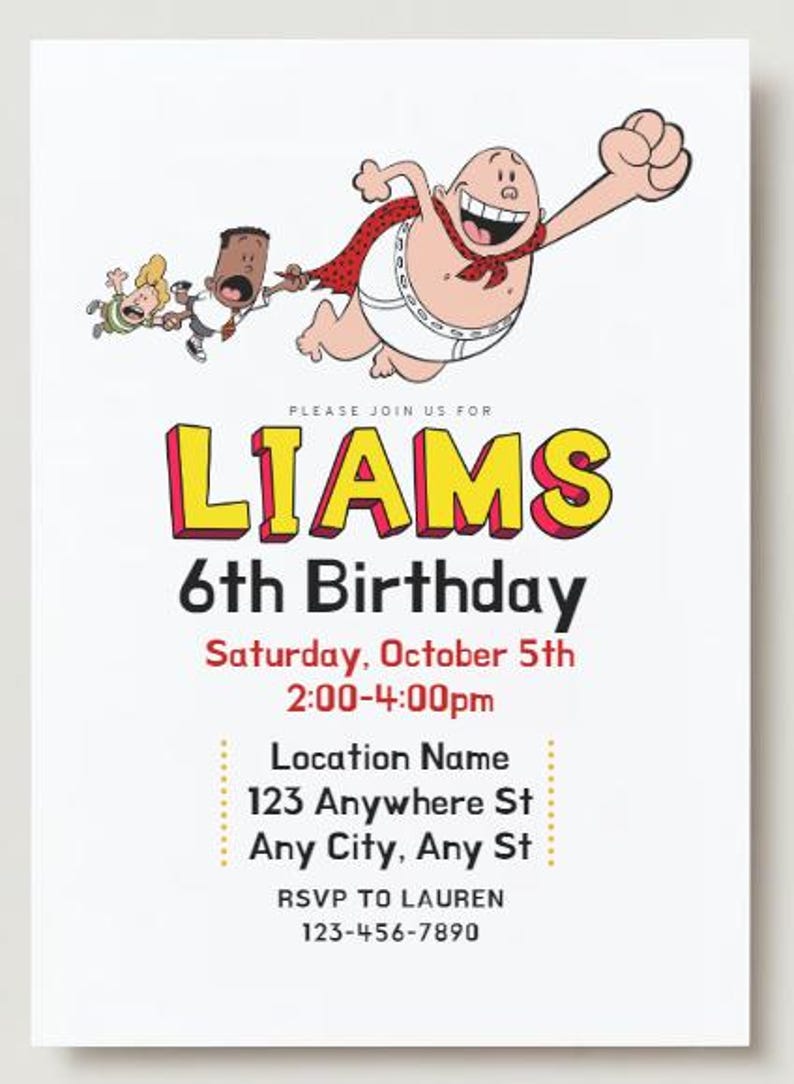 Captain Underpants Birthday Party Invitation, Capt Underpants, Kid ...