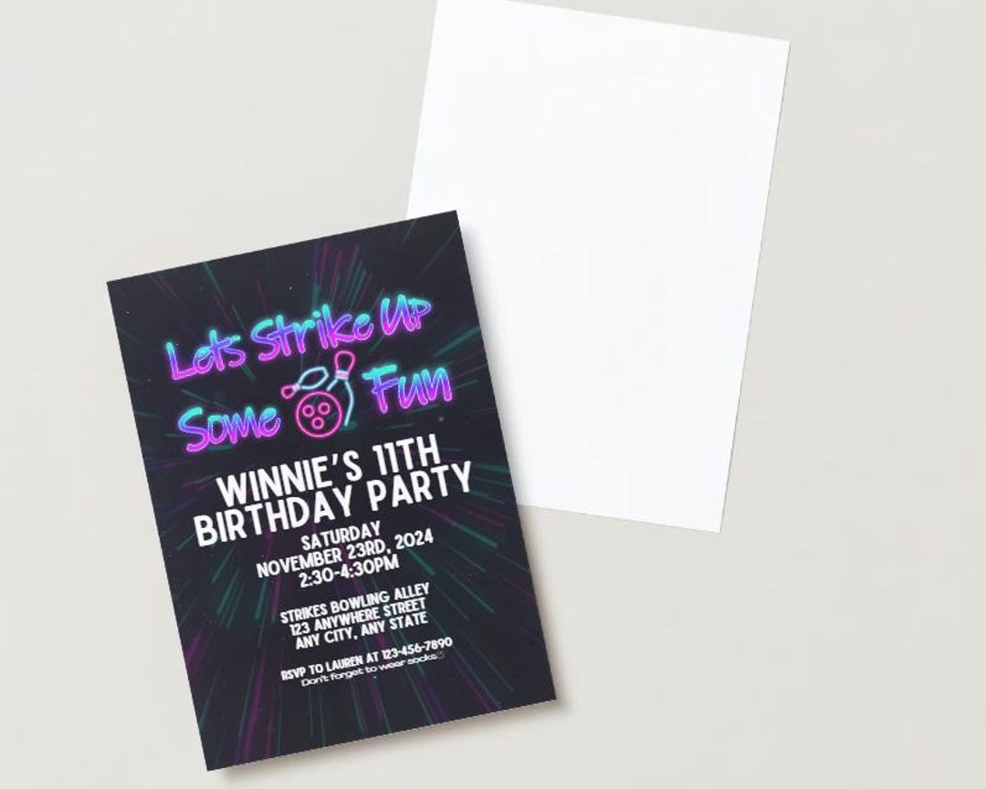 Neon Bowling Birthday Invitation, Glow Bowling Invitation, Party, Boy ...