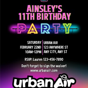 Editable Blue or Pink Neon Urban Air, Jump Party, Air Party, Kid Party ...
