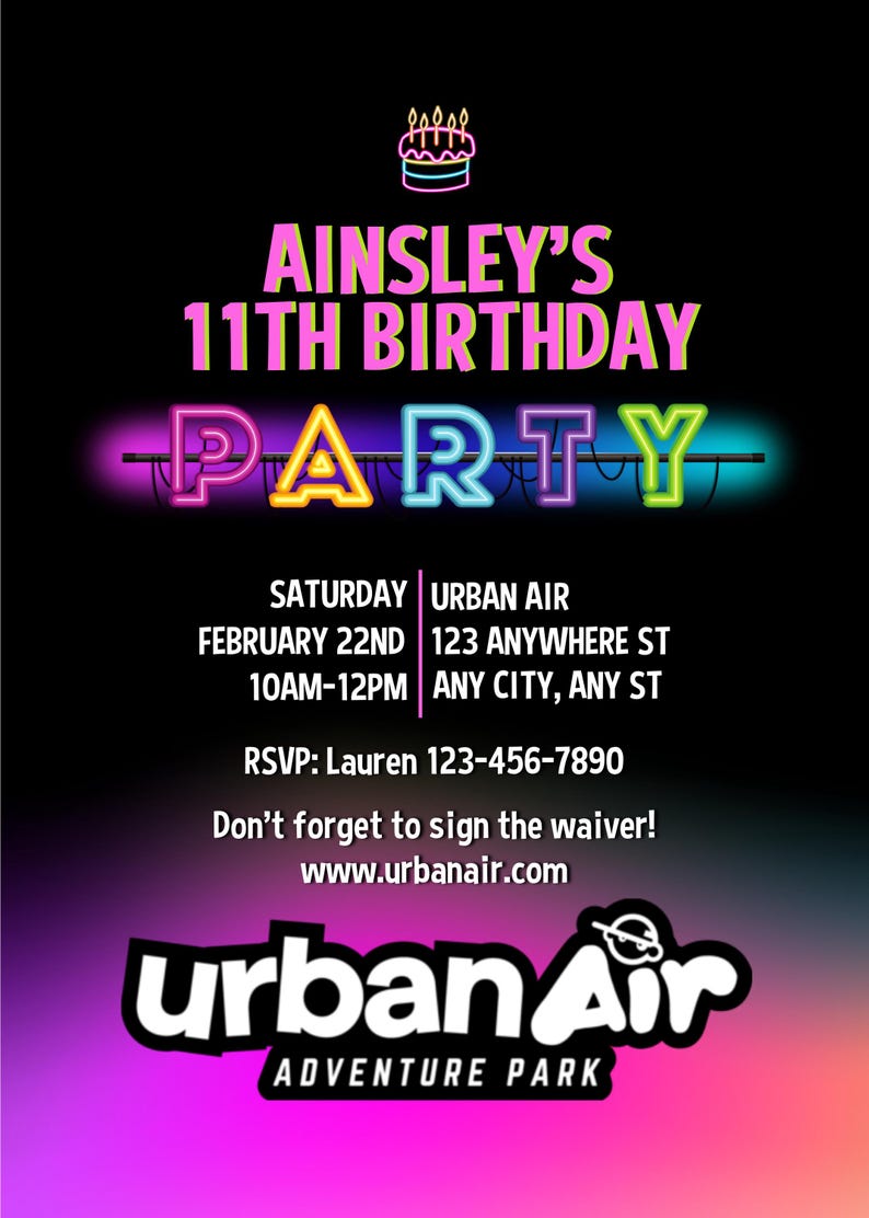 Editable Blue or Pink Neon Urban Air, Jump Party, Air Party, Kid Party ...
