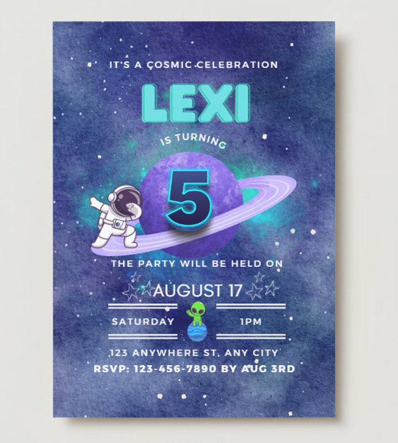 Space Astronaut Party Invitation, Alien Cosmic Party, Cosmic Stardust ...