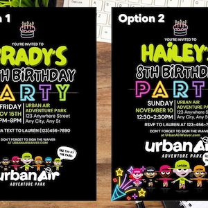 Urban Air, Neon, Jump Party, Air Party, Kid Party, Birthday Invitation ...