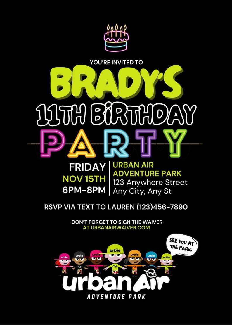 Urban Air, Neon, Jump Party, Air Party, Kid Party, Birthday Invitation ...