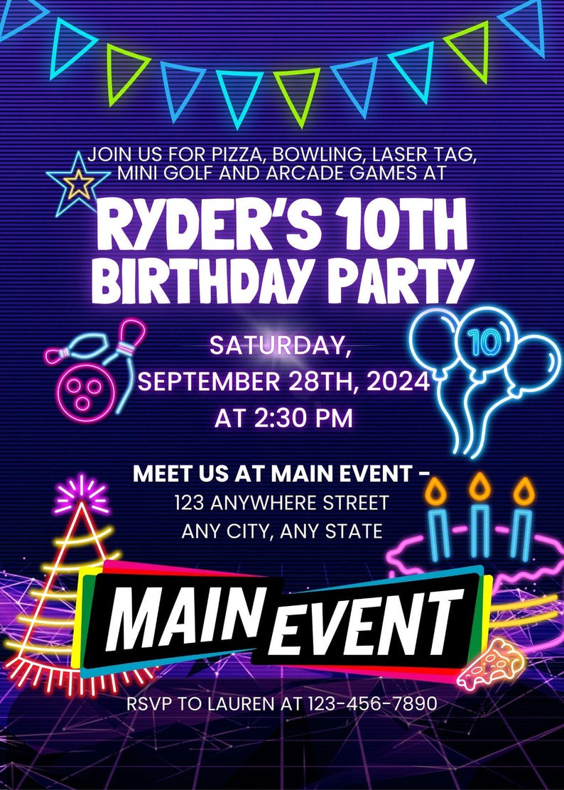 Main Event Birthday Party Invitation, Neon Party, Bowling Party, Arcade ...