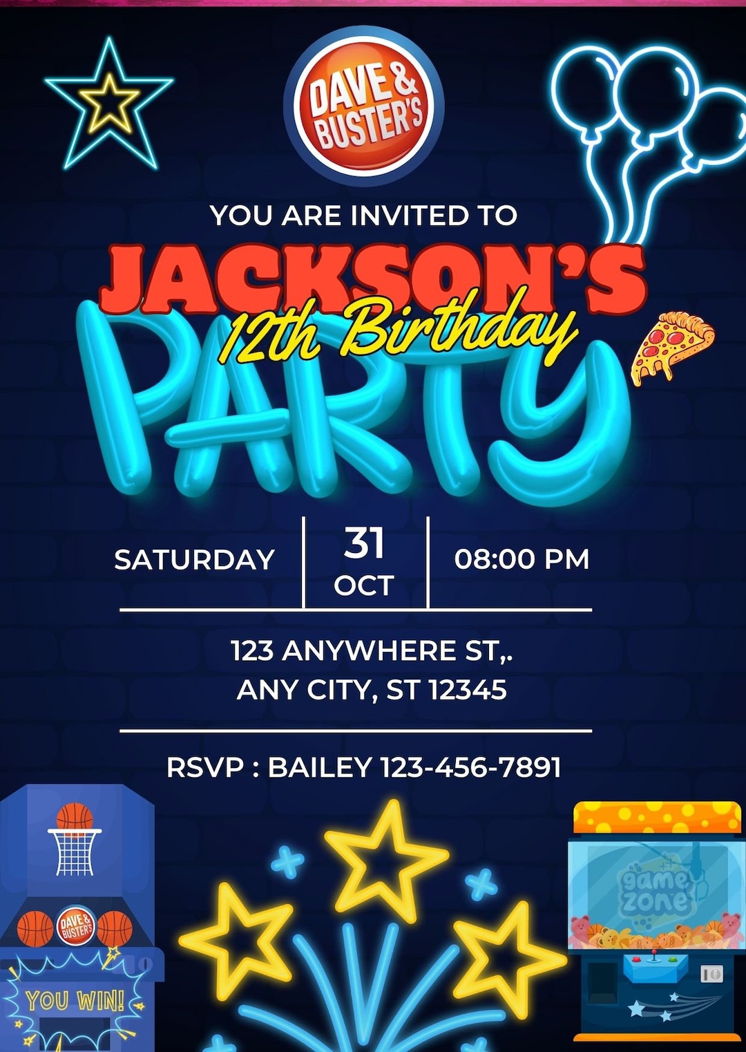 Neon Birthday Party Invitation, Dave and Busters Party, Fun Party ...
